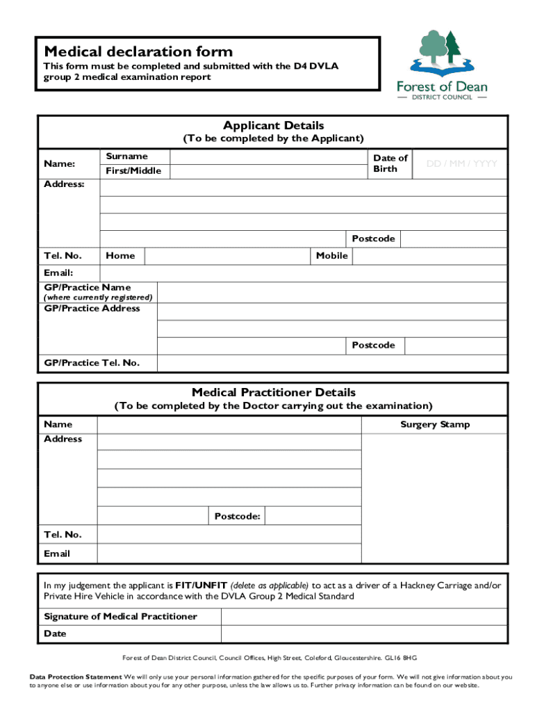 Fillable Online FOD Taxi driver medical declaration form Fax Email ...