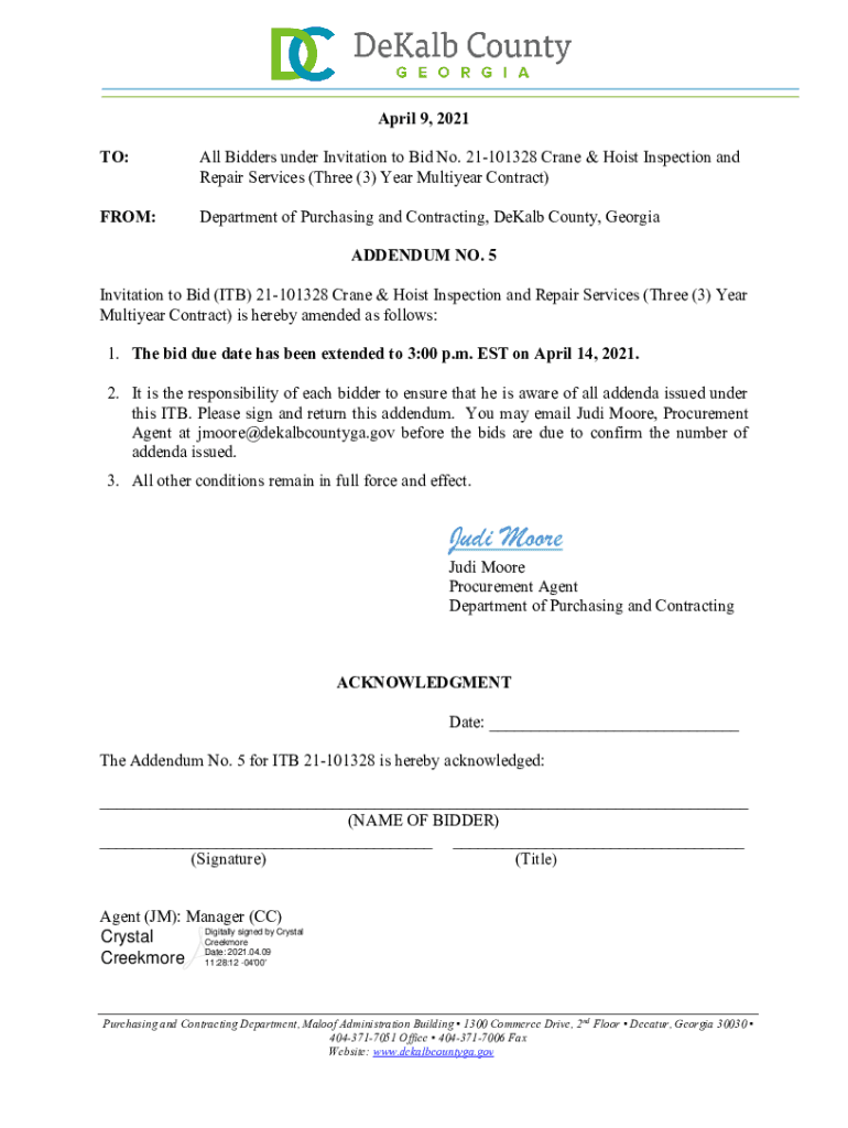 Fillable Online www.dekalbcountyga.govsitesdefaultFROM: ADDENDUM NO. 4 ...