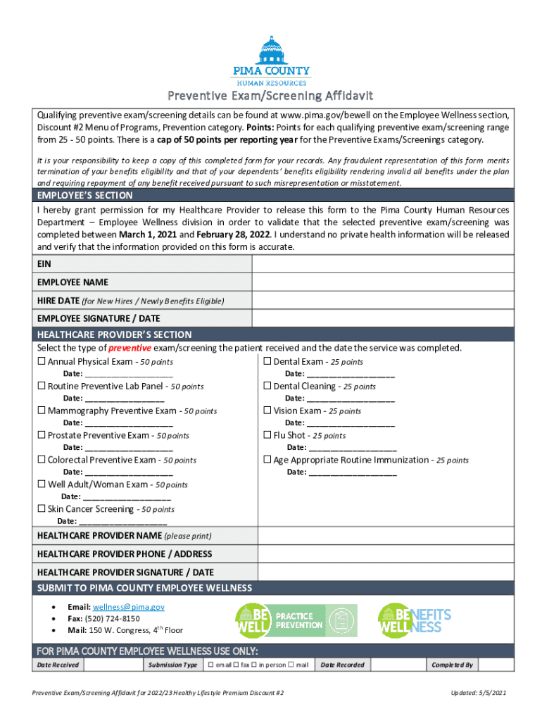 Fillable Online Preventive Exam/Screening Affidavit - Pima County ...