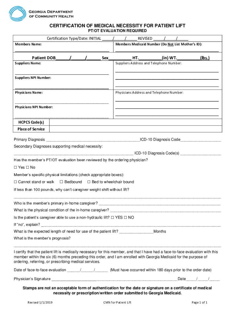 Fillable Online CMN: PATIENT LIFT Fax Email Print - pdfFiller