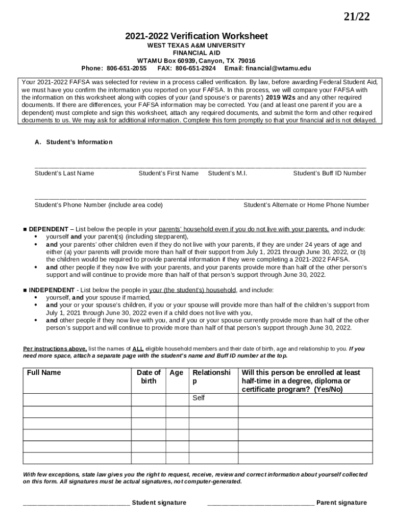 2021-2022 Verification Worksheet - West Texas A&M University Doc Template | pdfFiller