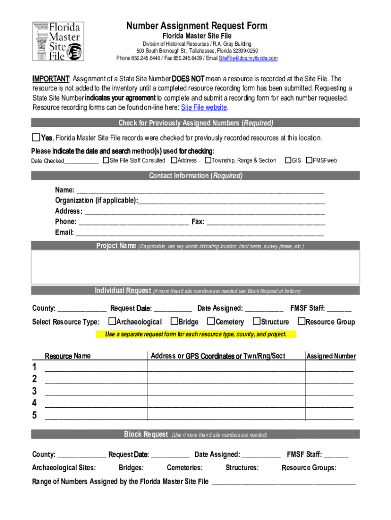 Fillable Online Number Assignment Request Form - Florida Master Site ...