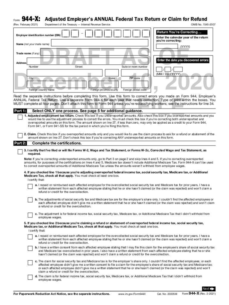 Fillable Online 944 X Adjusted Employers ANNUAL Federal Tax Return or ...