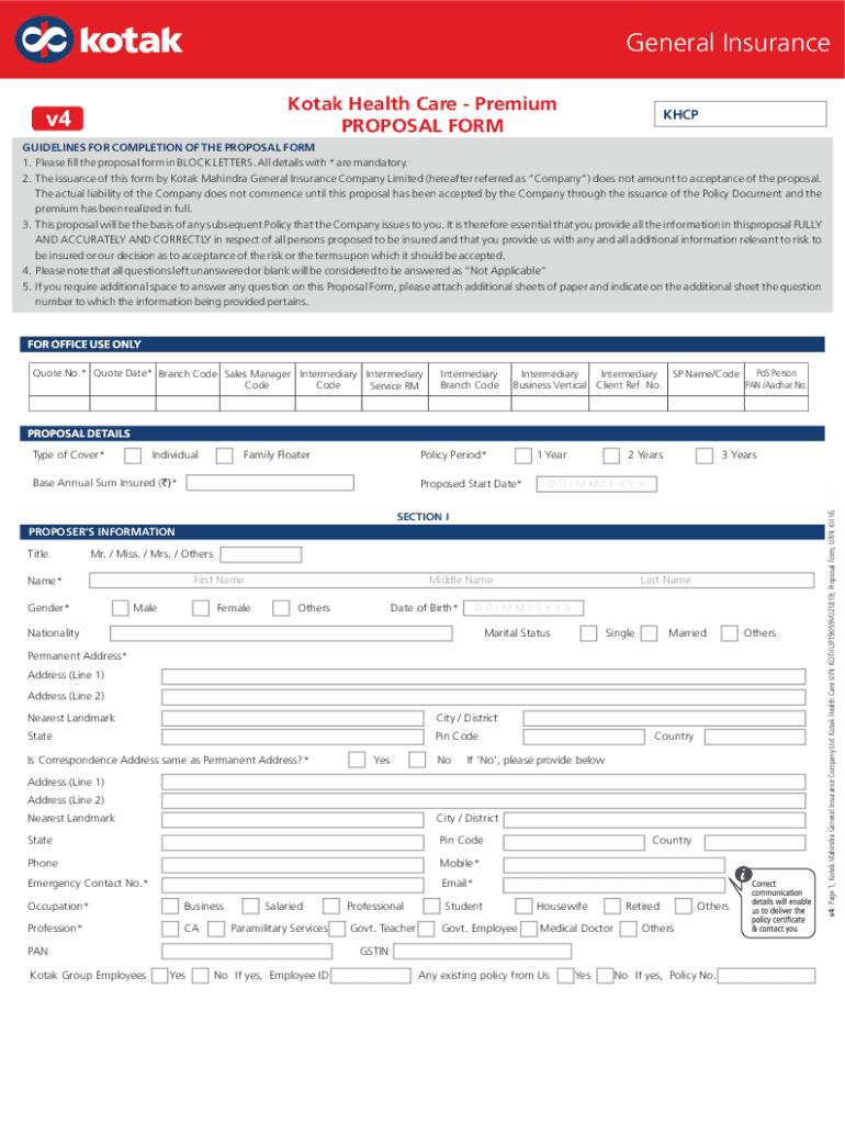 Fillable Online Kotak Health Care - Proposal form- Premium - GO GREEN ...