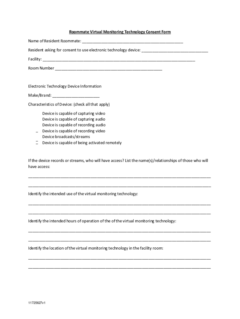 Fillable Online Roommate Virtual Monitoring Technology Consent Form ...
