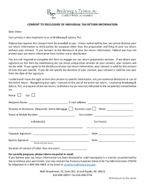 Fillable Online CONSENT TO DISCLOSURE OF INDIVIDUAL TAX RETURN ...