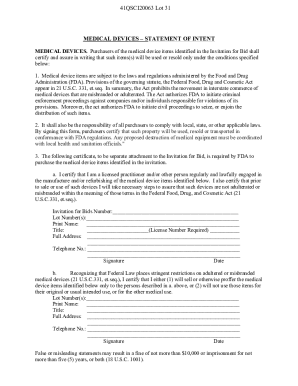 Fillable Online MEDICAL DEVICES STATEMENT OF INTENT 41QSCI20063 Lot 31 ...