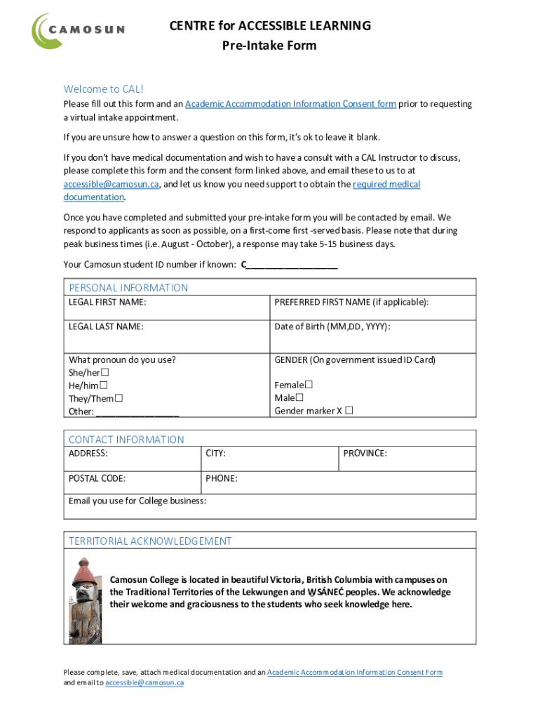 Fillable Online CAL Registration and Consent Form for - Algonquin ...