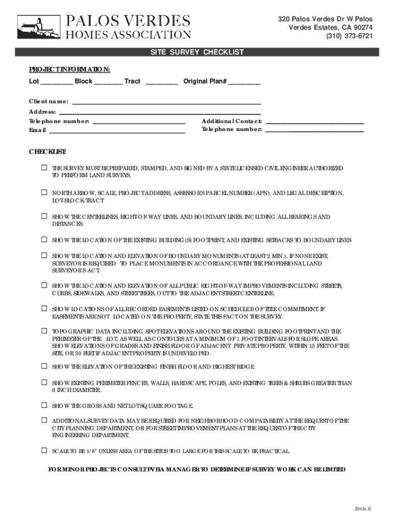 Fillable Online SITE SURVEY CHECKLIST - Palos Verdes Homes Association Fax Email Print - pdfFiller