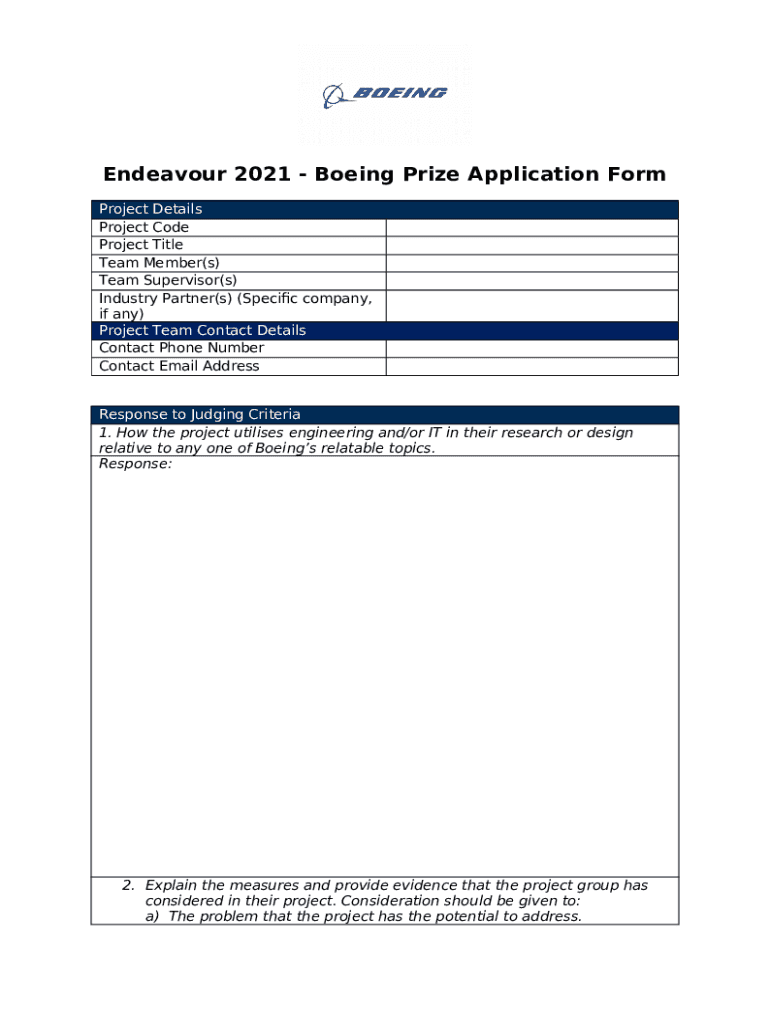 Endeavour Boeing Prize Application 2021 Doc Template | pdfFiller