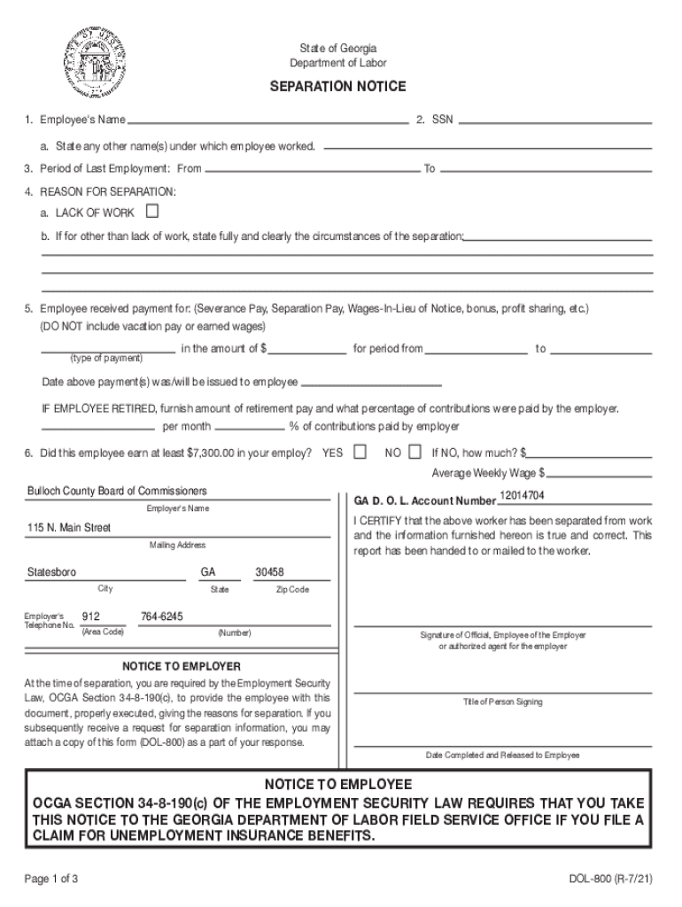 Fillable Online PDF separation notice - Georgia Department of Human ...