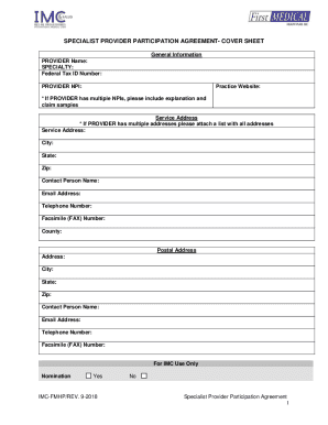 Fillable Online SPECIALIST PROVIDER PARTICIPATION AGREEMENT- COVER ...