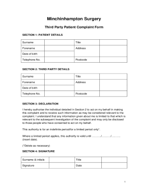 Fillable Online Third Party Patient Complaint Form - Minchinhampton ...