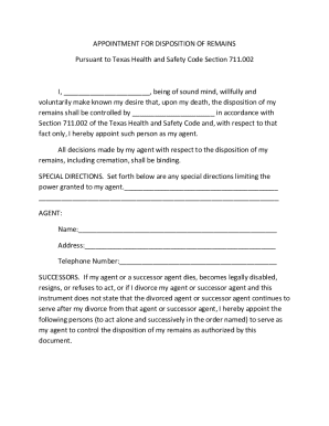 Fillable Online APPOINTMENT OF AGENT TO CONTROL DISPOSITION OF REMAINS ...