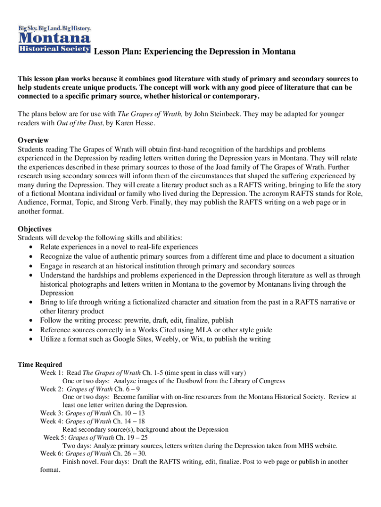 Fillable Online mhs mt Lesson Plan: Experiencing the Depression in ...