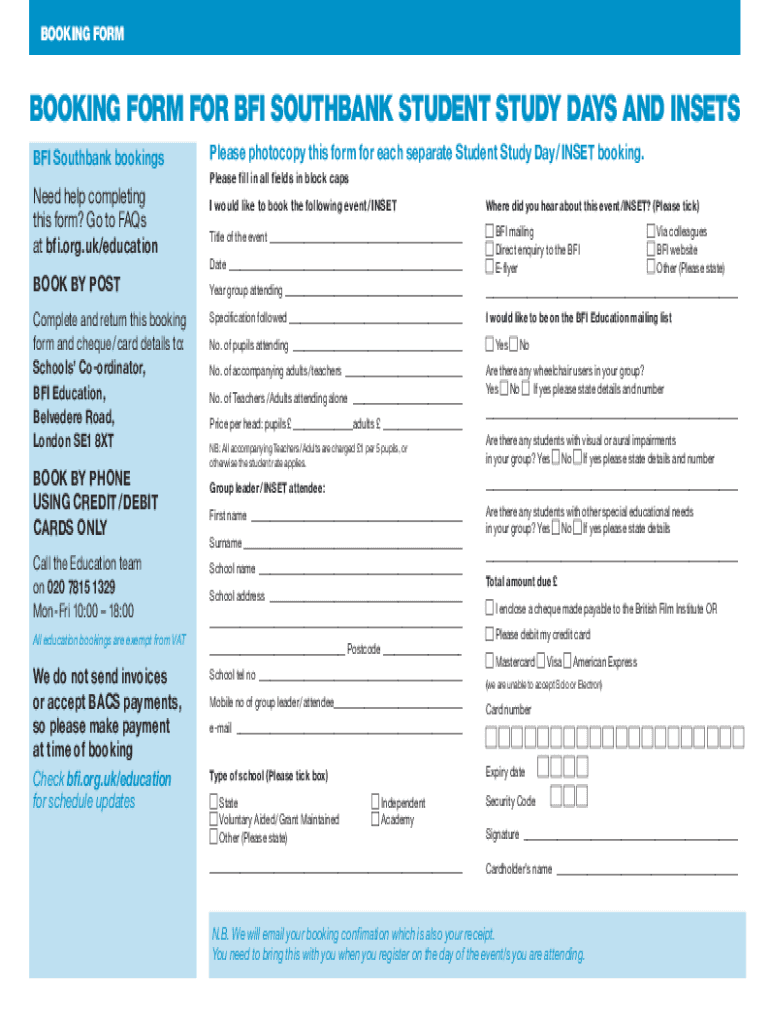 Fillable Online Booking form for BFI Southbank student Study Days and ...