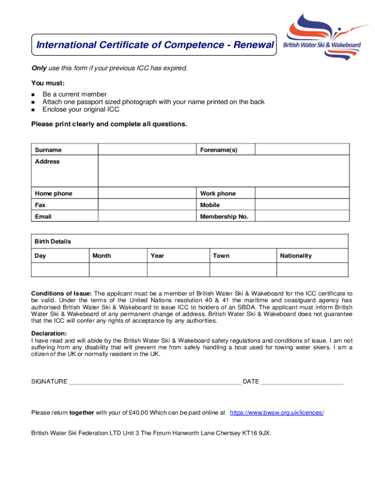 Fillable Online International Certificate of Competence - Renewal Doc ...