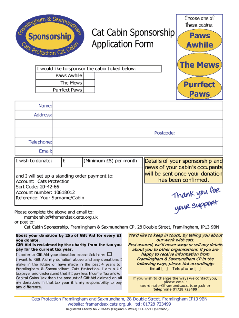 Fillable Online F&S cat cabin sponsorship App Form Fax Email Print ...