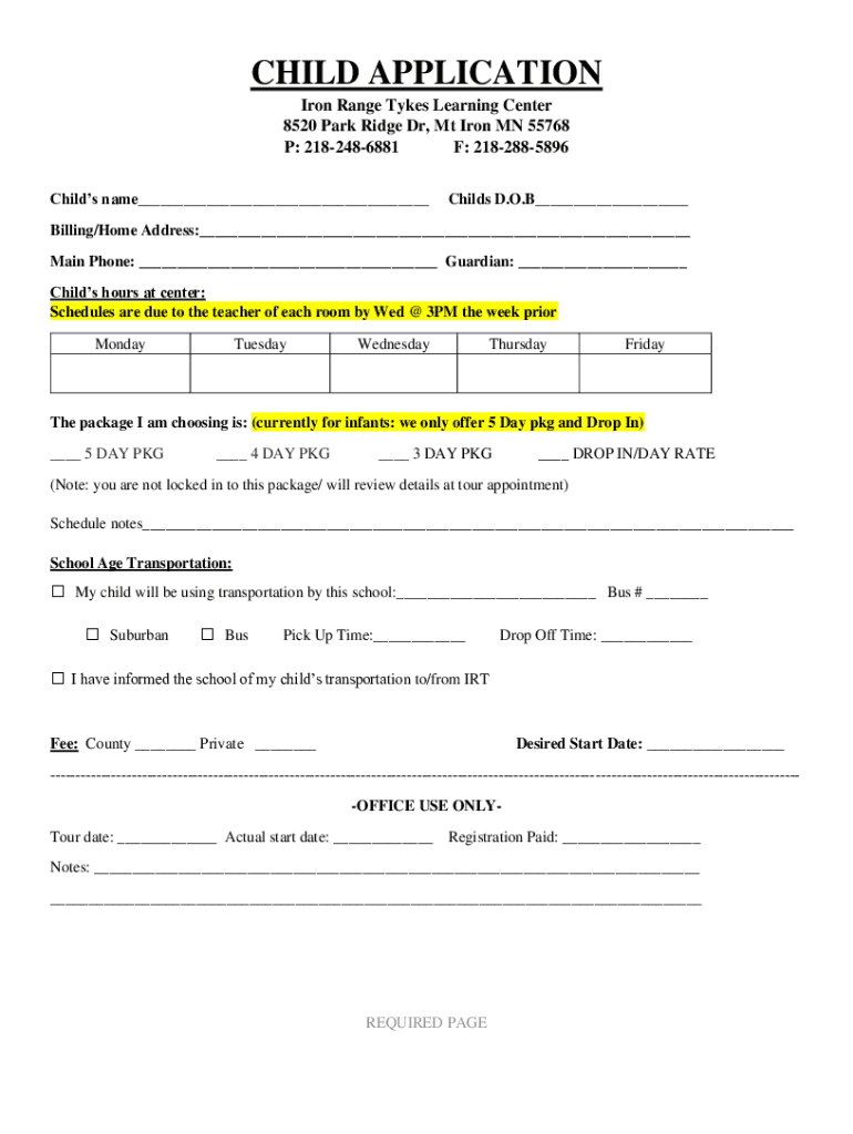 Fillable Online Fillable Online child application - Iron Range Tykes Fax ... Fax Email Print ...