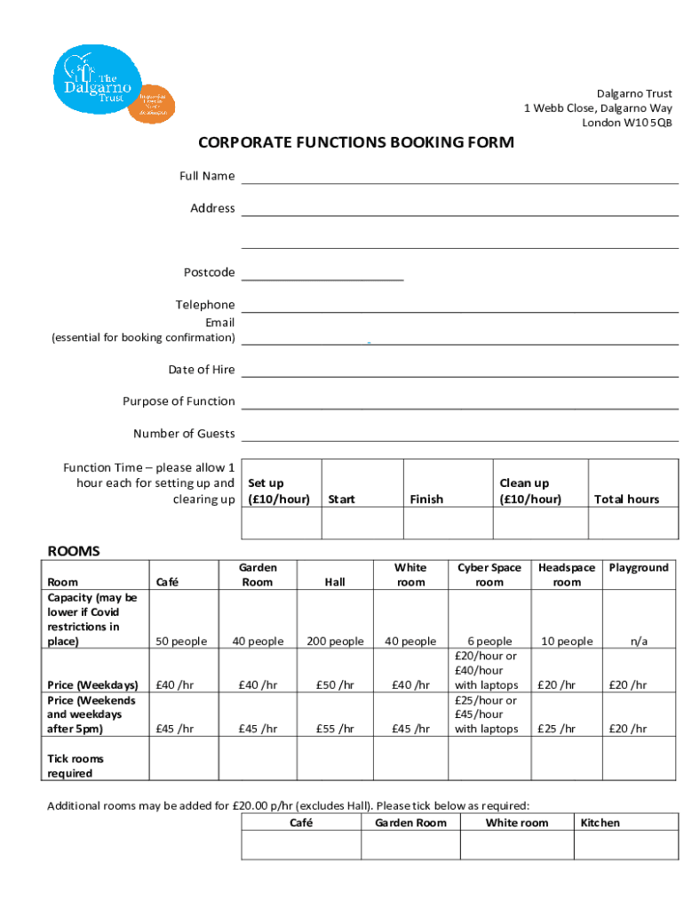 Fillable Online Dalgarno Trust London W10 5QB PRIVATE FUNCTIONS BOOKING ...