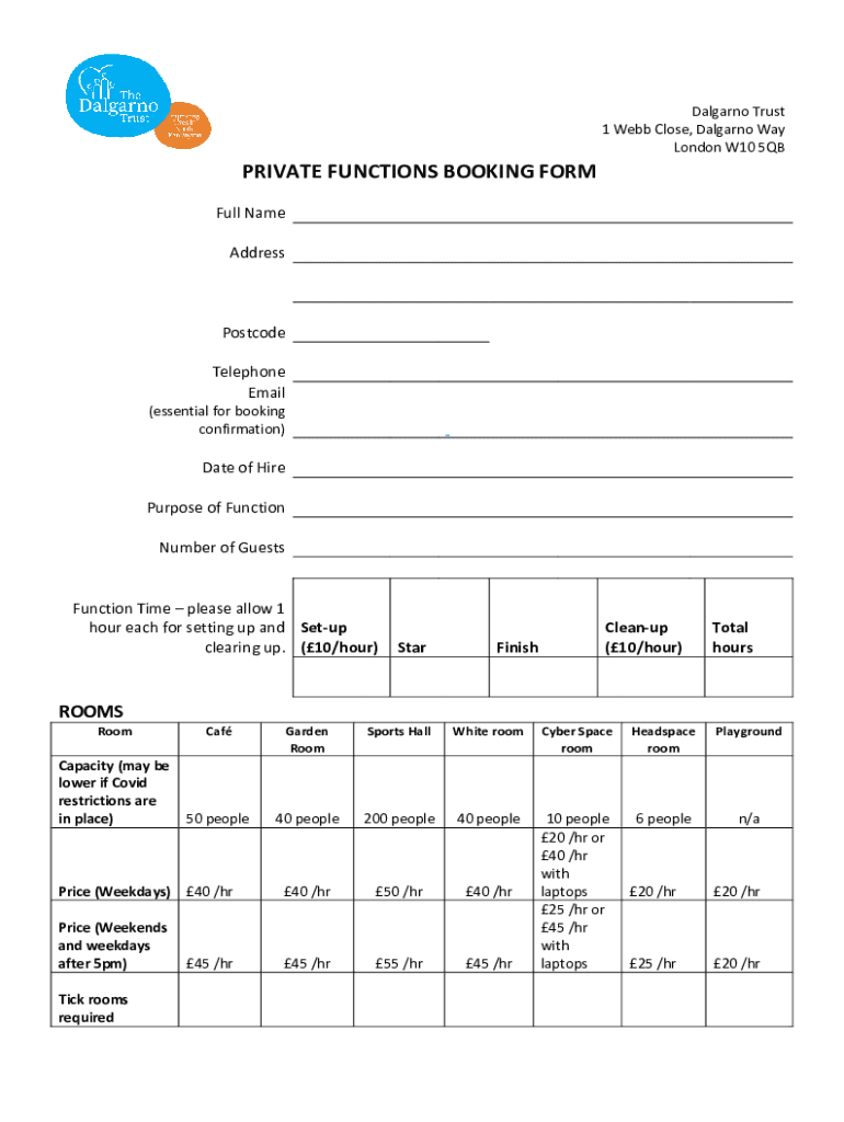 Fillable Online London W10 5QB PRIVATE FUNCTIONS BOOKING FORM Fax Email ...