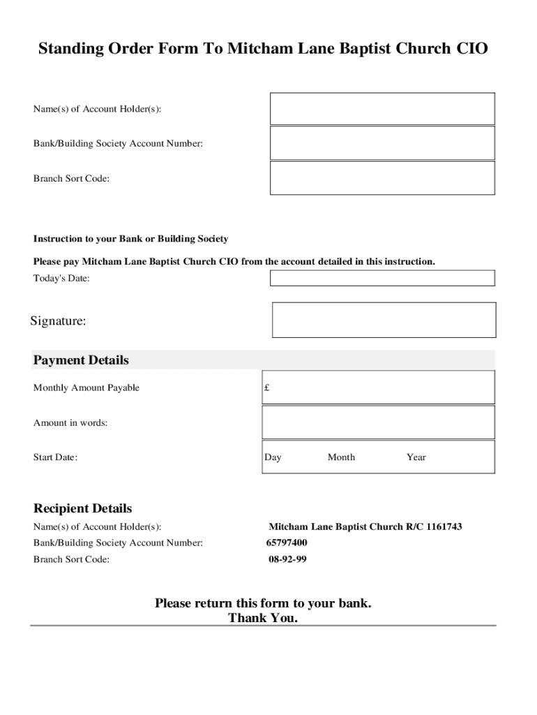 Fillable Online Standing Order Form To Mitcham Lane Baptist Church Fax ...