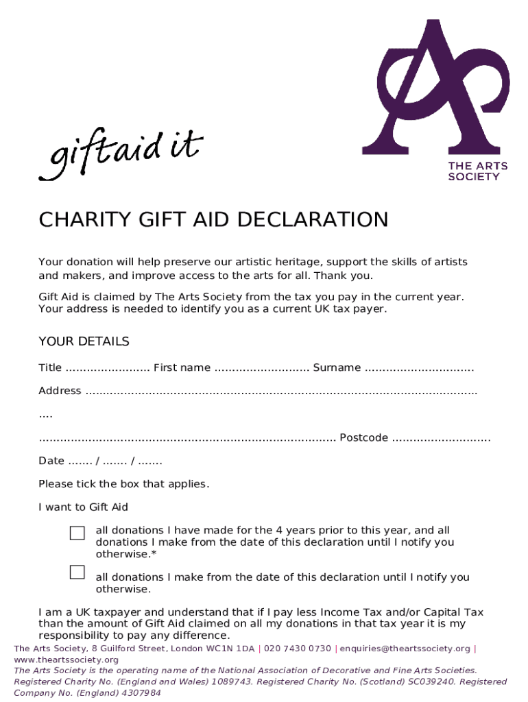 CHARITY GIFT AID DECLARATION - THE ARTS SOCIETY. SOUTH DOWNS Doc ...