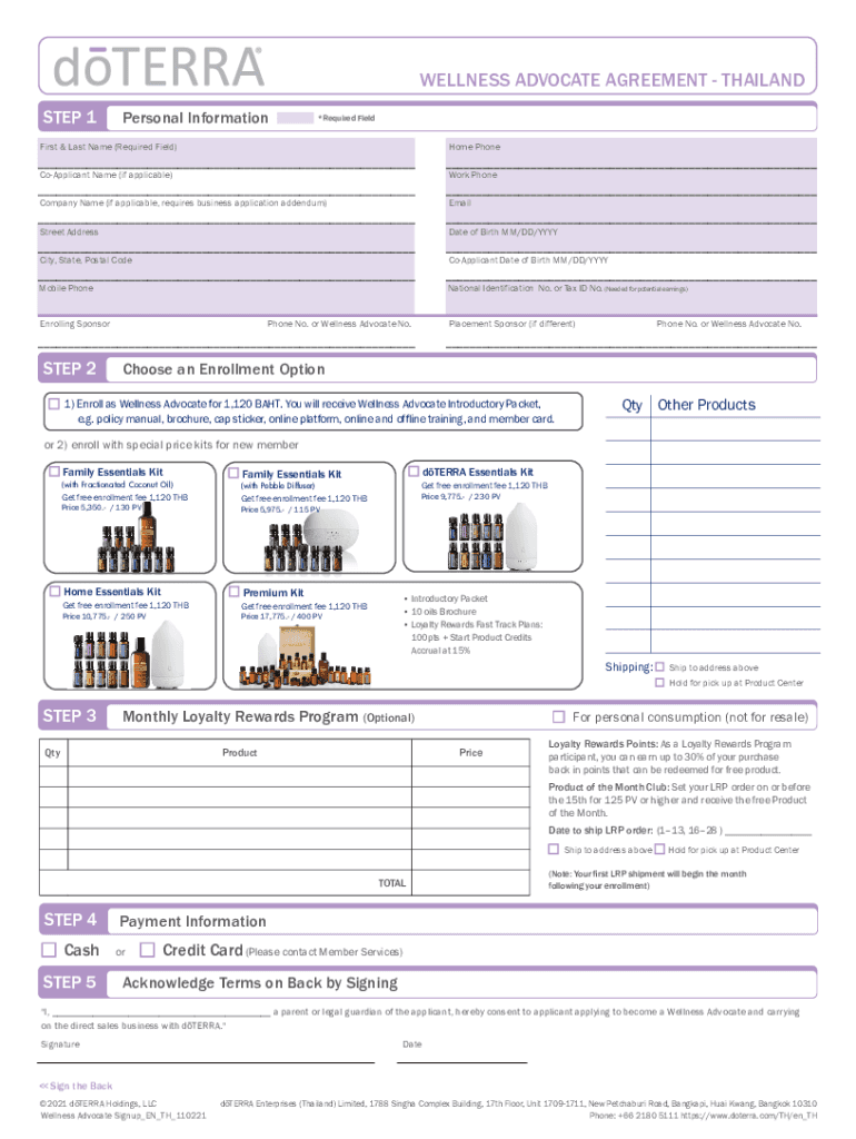 Fillable Online WELLNESS ADVOCATE AGREEMENT - THAILAND - doTERRA Fax ...