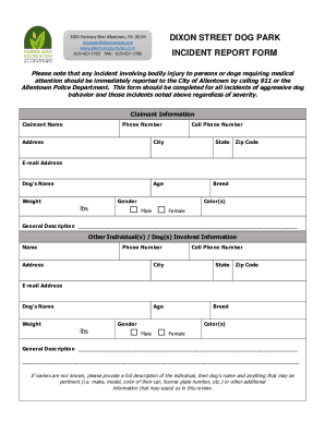 Fillable Online Dog Park Incident Report Form PDF Fax Email Print ...