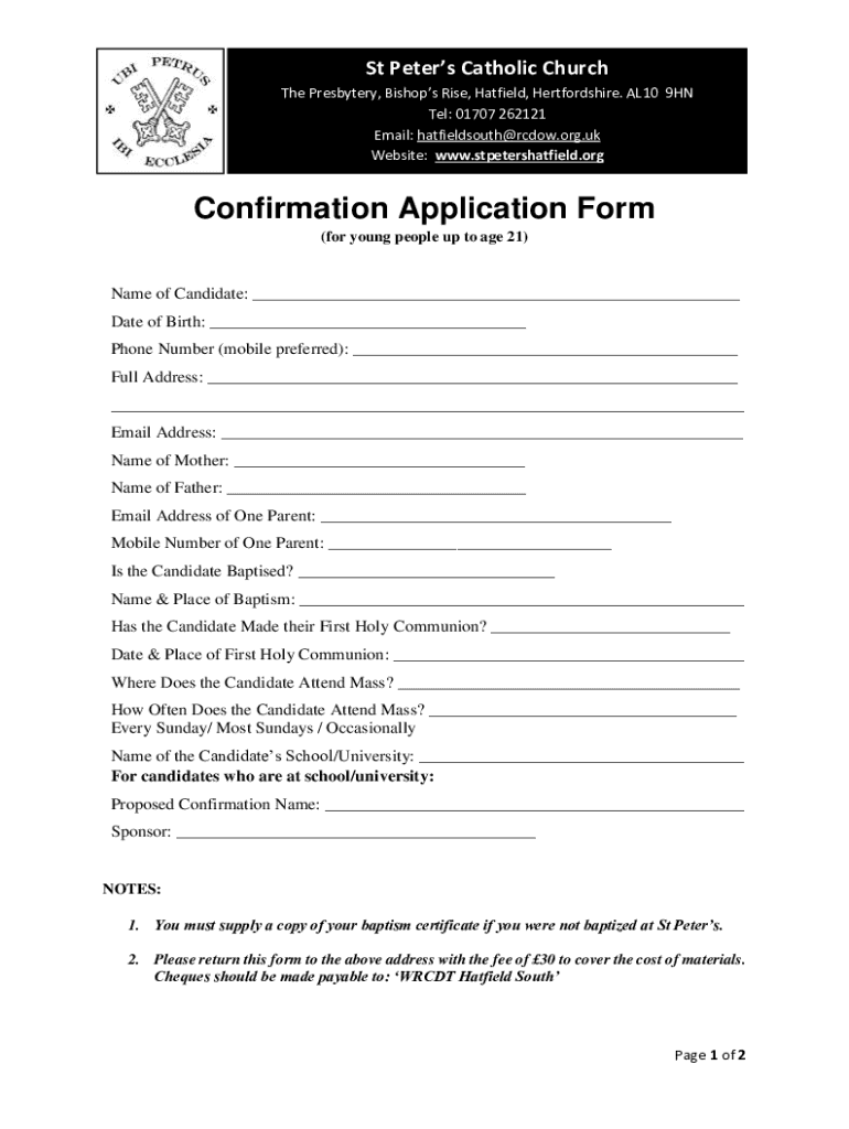 Fillable Online parish rcdow org Roman Catholic Parish of Hatfield SouthChurch of St Peter Fax ...