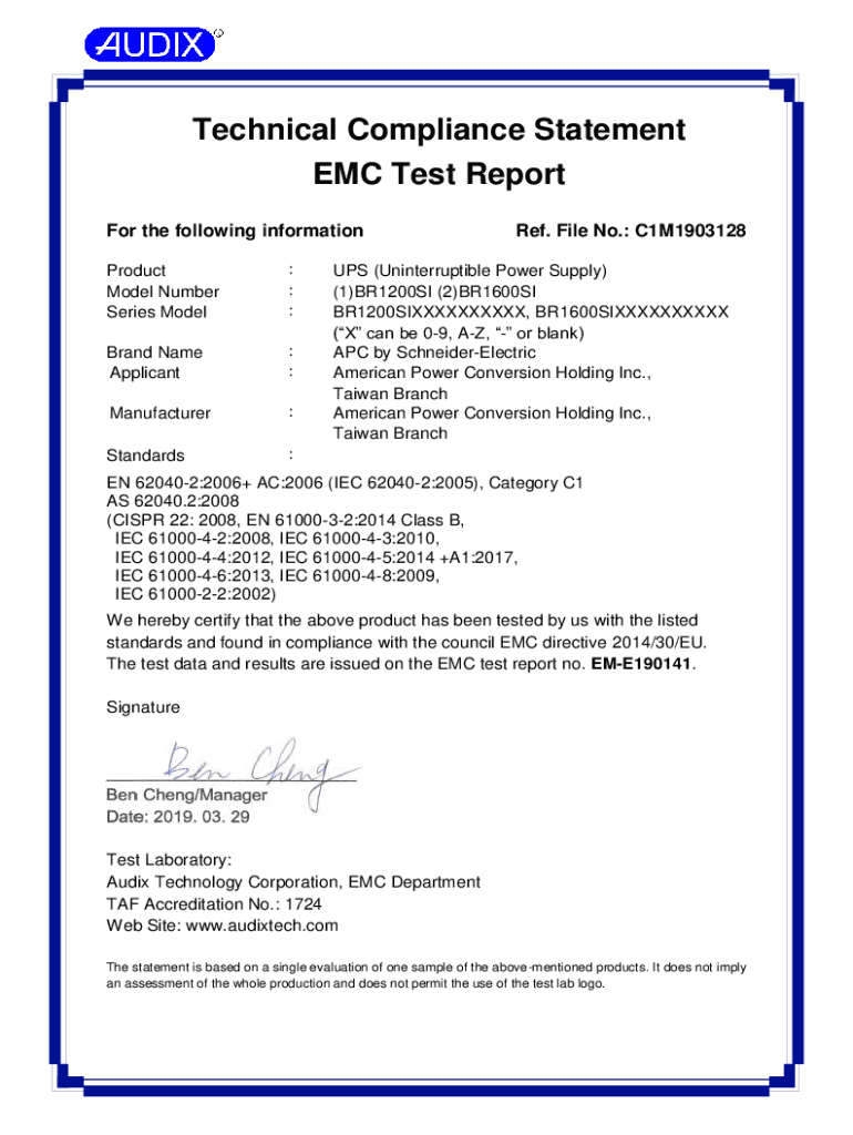 Fillable Online Technical Compliance Statement EMC Test Report Fax ...