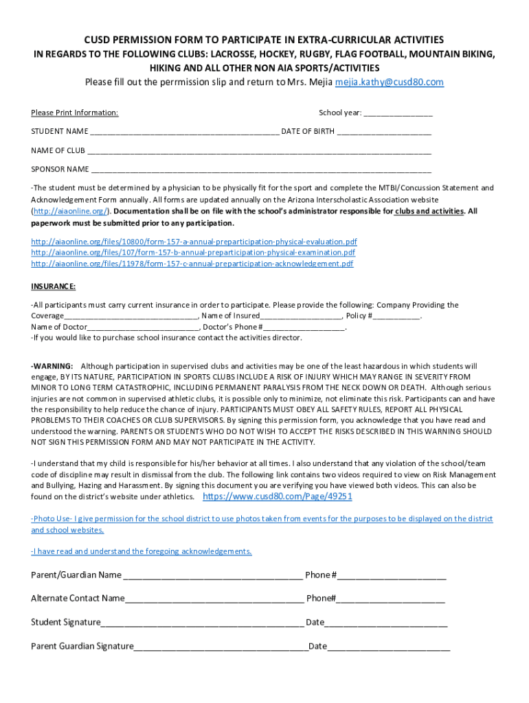 Fillable Online www.cusd80.com3862TennisPermissionSlipCUSD PERMISSION FORM TO PARTICIPATE IN ...