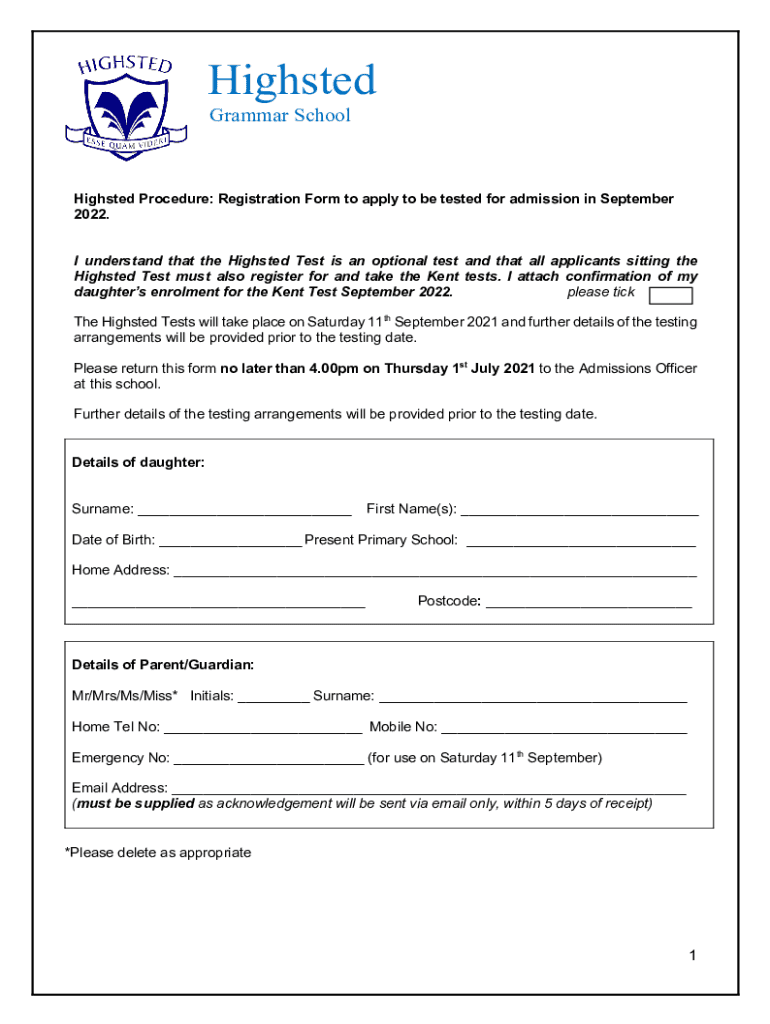 Fillable Online highsted kent sch Application Form - Highsted Grammar ...