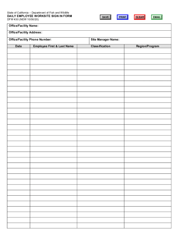 Fillable Online DAILY EMPLOYEE WORKSITE SIGN IN FORM Office/Facility ...