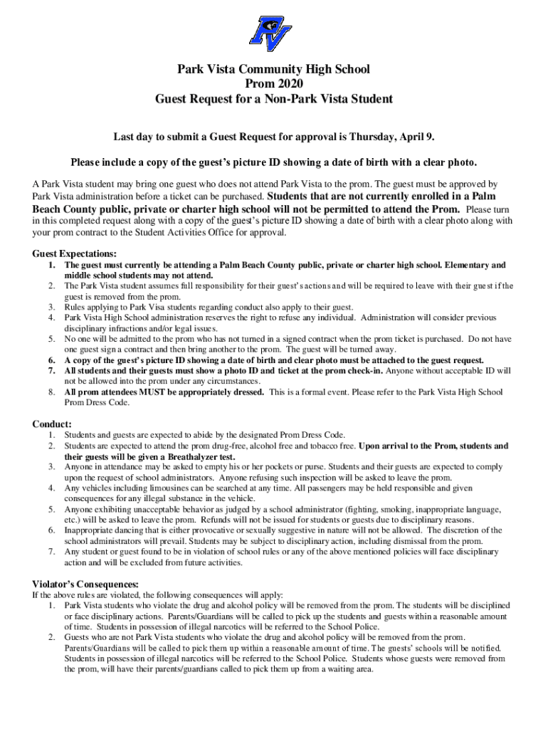 Fillable Online Park Vista Community High School Prom 2020 Guest ...