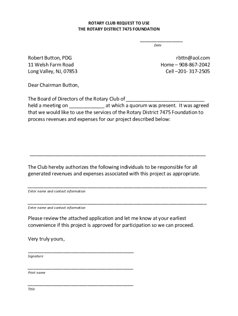Fillable Online Fillable Online ROTARY CLUB REQUEST TO USE THE ROTARY ...