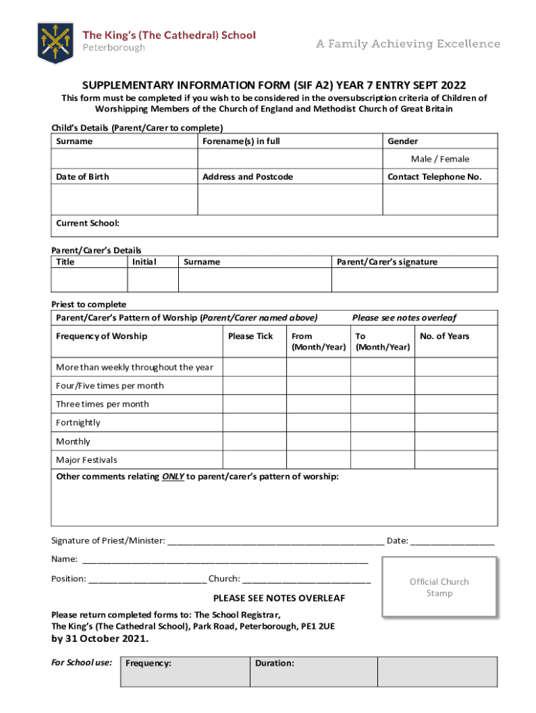 Fillable Online SUPPLEMENTARY INFORMATION FORM (SIF A2) YEAR 7 ENTRY ...