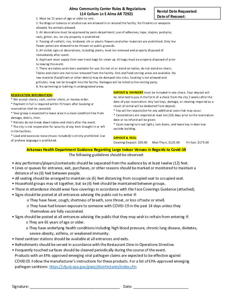 Fillable Online Alma Community Center Rules & Regulations 114 Collum Ln ...
