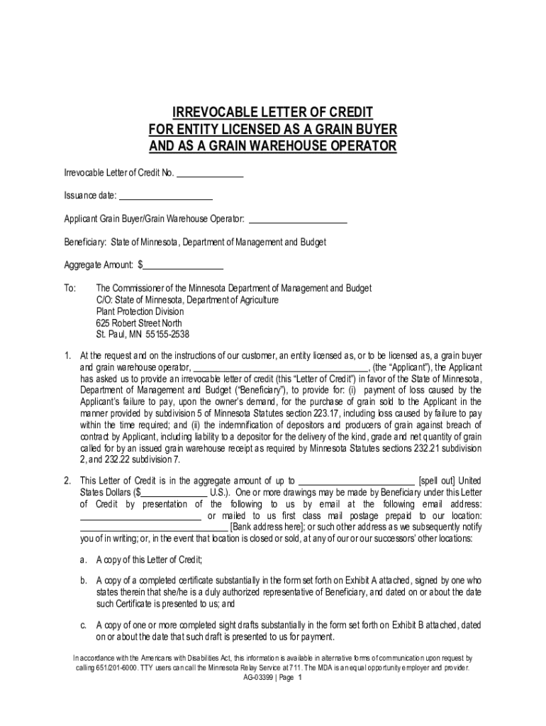 Fillable Online IRREVOCABLE LETTER OF CREDIT FOR ENTITY LICENSED AS A ...