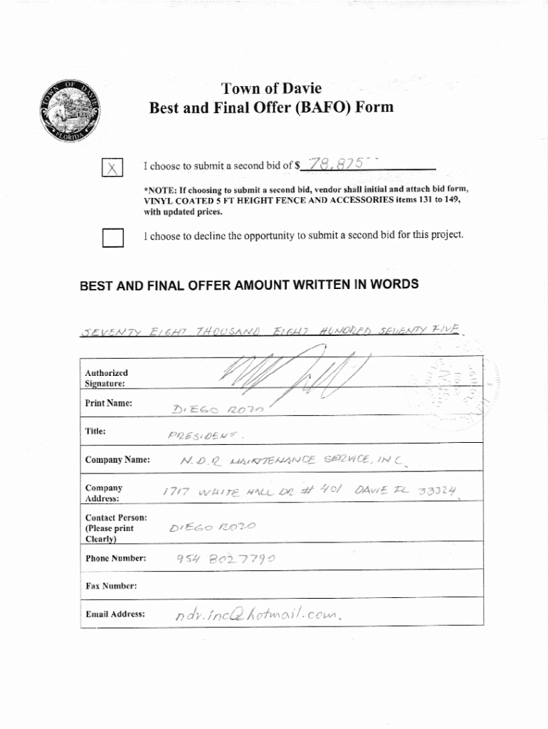 Fillable Online Best and Final Offer (BAFO) Form t7/7 vvlttn: 44Lc Dtz ...