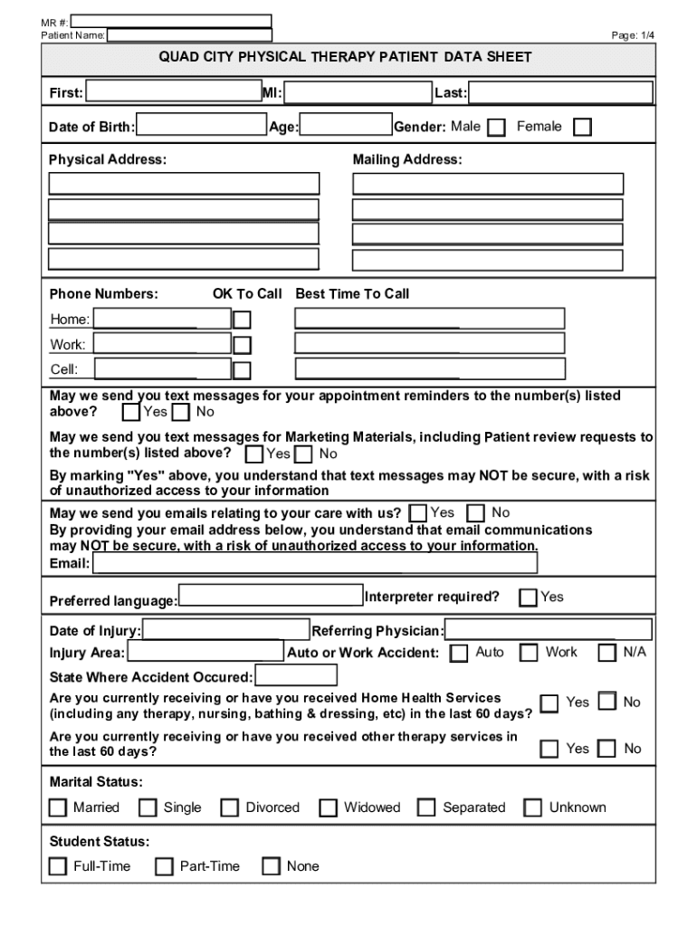 Fillable Online GREEN OAKS PHYSICAL THERAPY PATIENT DATA: Fill out ...