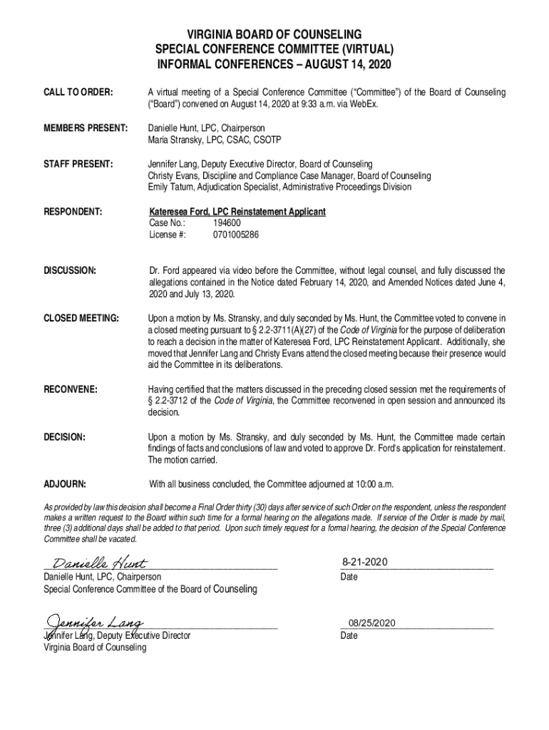 Fillable Online VIRGINIA BOARD OF COUNSELING SPECIAL CONFERENCE ... Fax ...