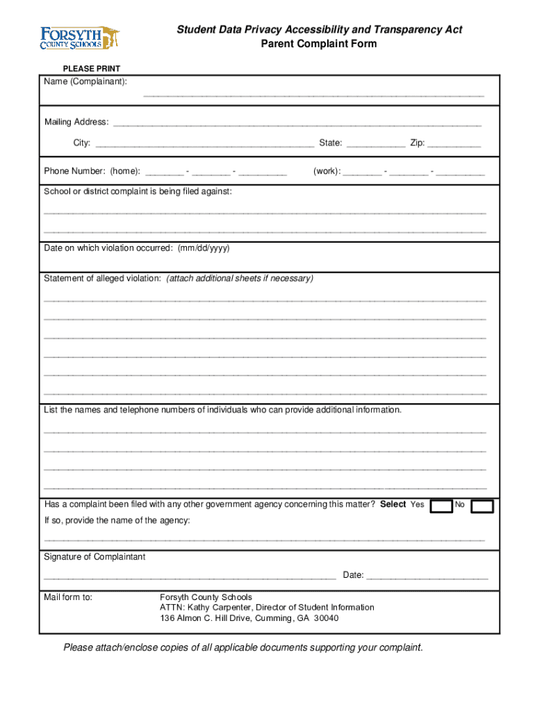 Fillable Online Parent Eligible Student Complaint Form - sccpss.com Fax ...