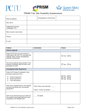 Fillable Online PRISM Trial: Site Feasibility Questionnaire Fax Email ...