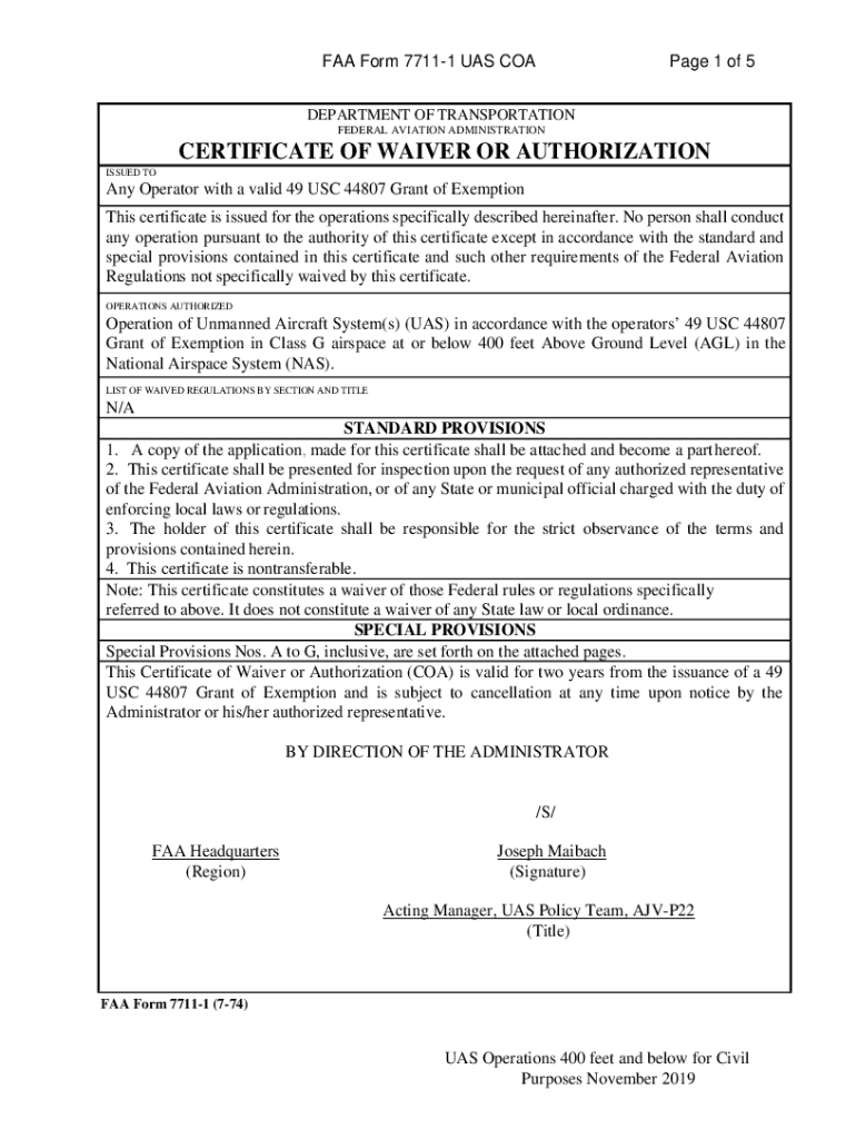 Fillable Online Certificate of Waiver or Authorization. FAA Form 7711-1 ...