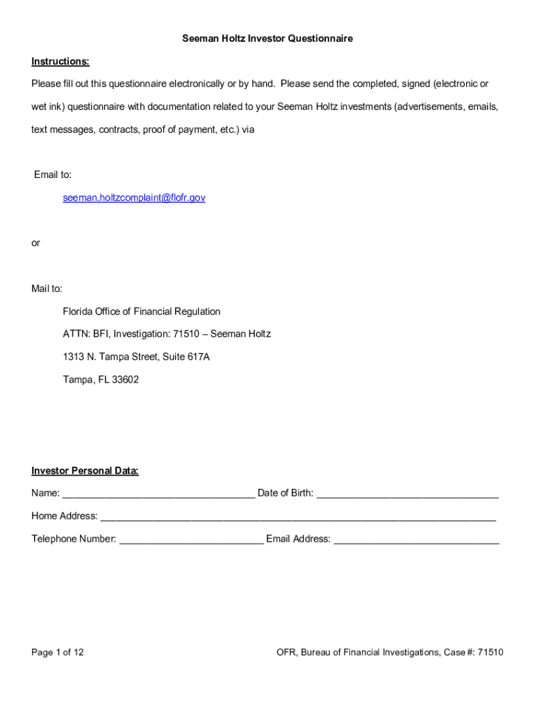 Fillable Online Seeman Holtz Investor Questionnaire Instructions ...