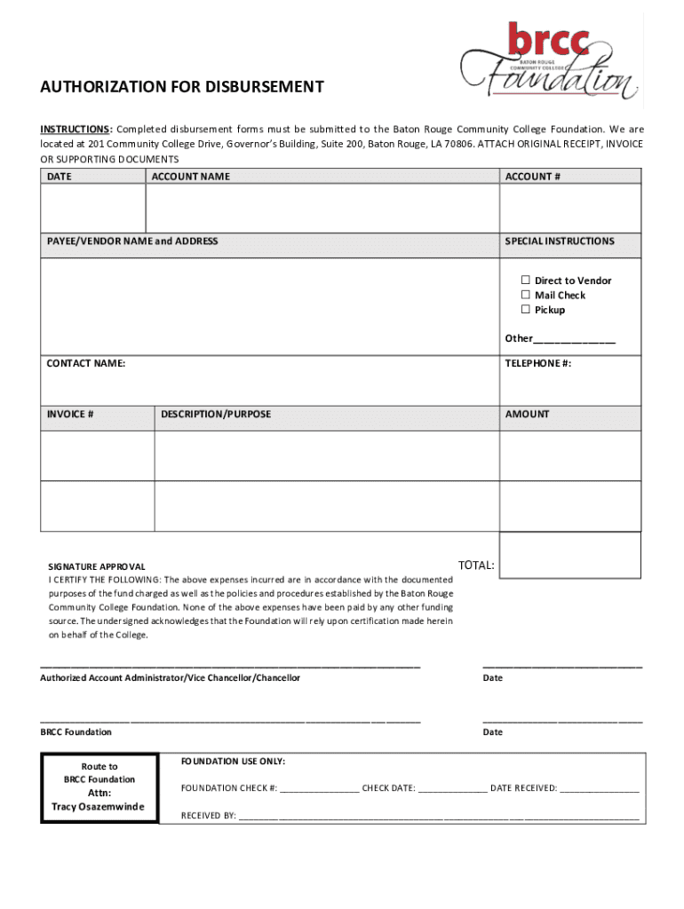 Fillable Online Fillable Online AUTHORIZATION FOR DISBURSEMENT Fax ...