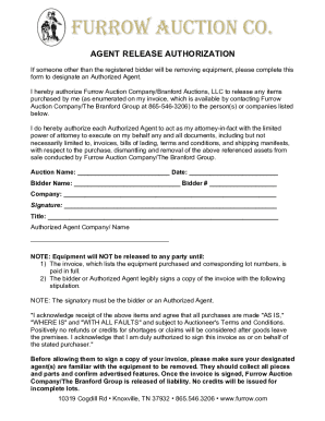 Fillable Online AGENT RELEASE AUTHORIZATION - Furrow Auction Company Fax Email Print - pdfFiller