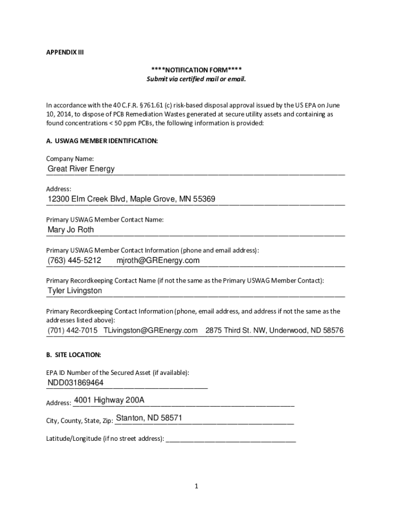Fillable Online Great River Energy Request to Dispose of PCB waste Fax ...