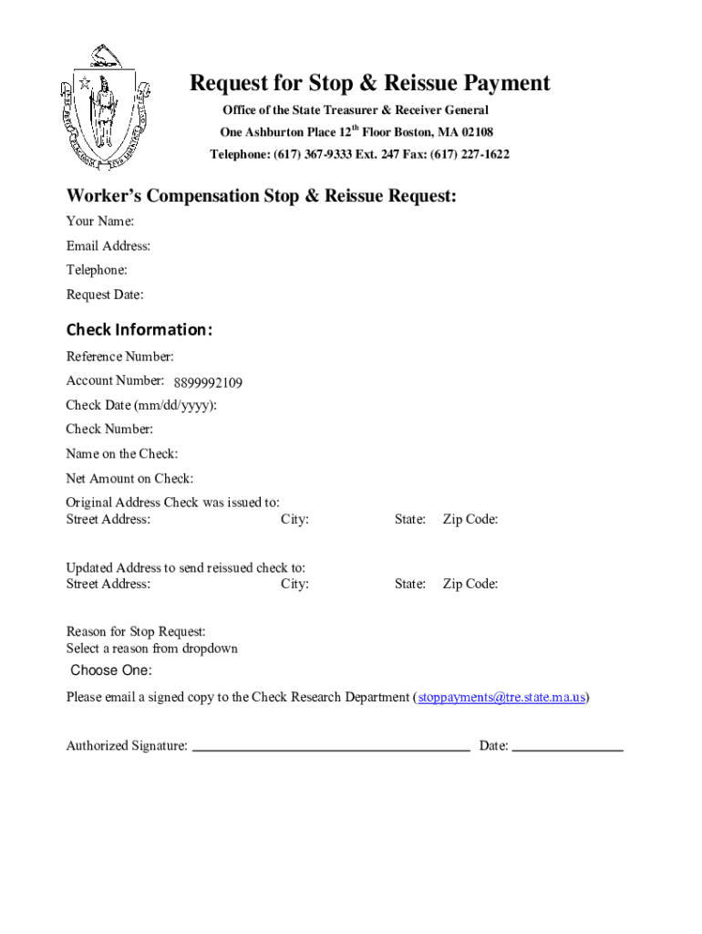 Fillable Online Request for Stop & Reissue Payment - Mass.gov Fax Email ...